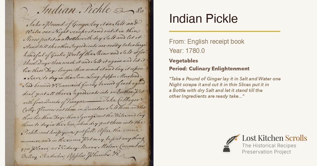 Indian Pickle - English receipt book (1780)