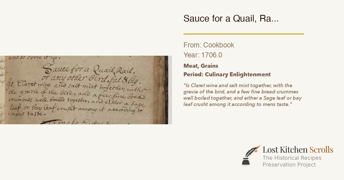 Sauce For A Quail, Rail, Or Any Other Bird, Fat & Big - Cookbook (1706)