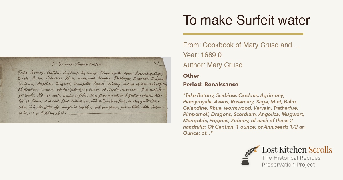 To Make Surfeit Water - Cookbook of Mary Cruso and Timothy Cruso (1689)
