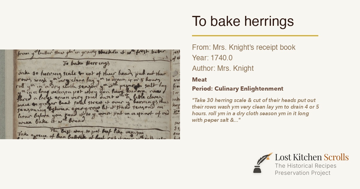 To Bake Herrings - Mrs. Knight's receipt book (1740)