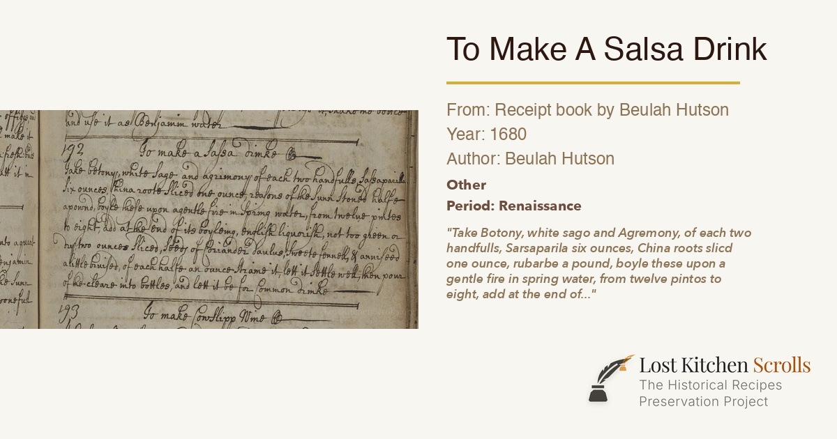 To Make A Salsa Drink - Receipt book by Beulah Hutson (1680)